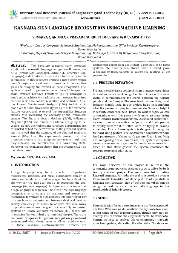 Pdf Kannada Sign Language Recognition Using Machine Learning