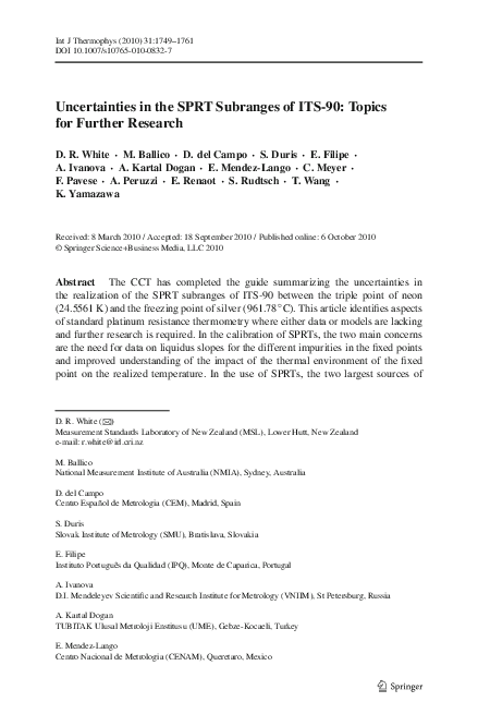 (PDF) Uncertainties in the SPRT Subranges of ITS-90: Topics for Further ...