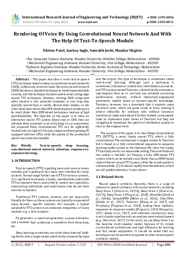 Pdf Rendering Of Voice By Using Convolutional Neural Network And With The Help Of Text To