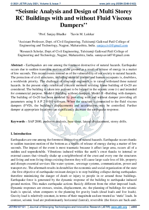 (PDF) Seismic Analysis and Design of Multi Storey RC Buildings with and without Fluid Viscous ...