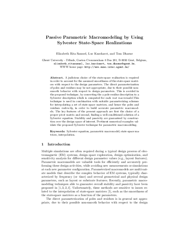 Pdf Passive Parametric Macromodeling By Using Sylvester State Space Realizations Elizabeth