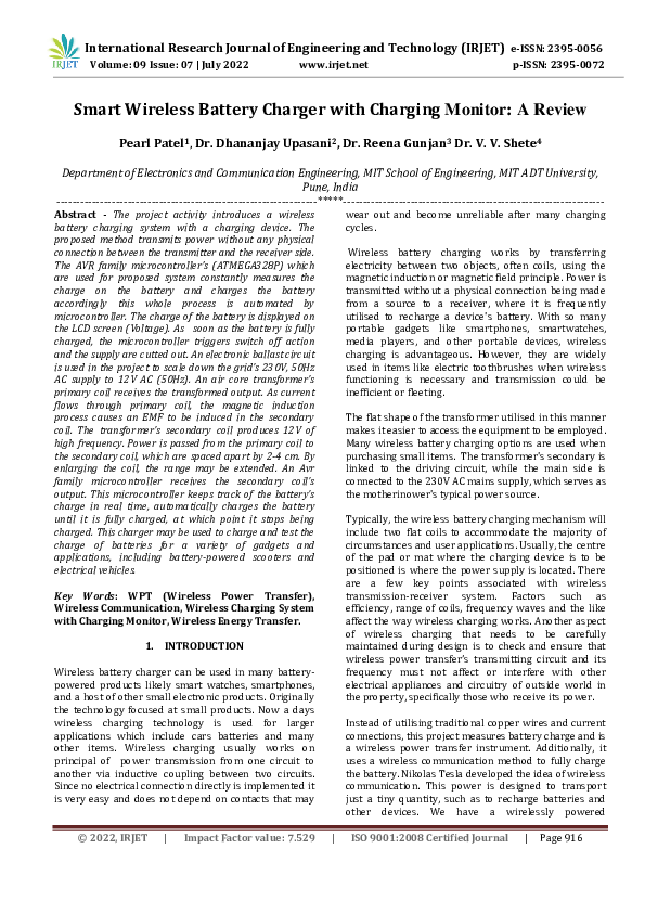 Pdf Smart Wireless Battery Charger With Charging Monitor A Review