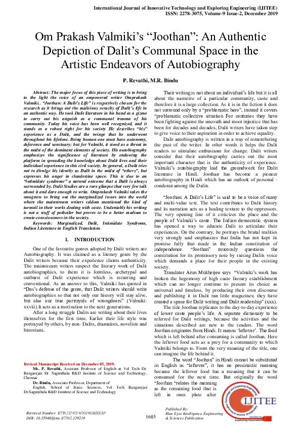 (PDF) Om Prakash Valmiki’s “Joothan”: An Authentic Depiction of Dalit’s ...