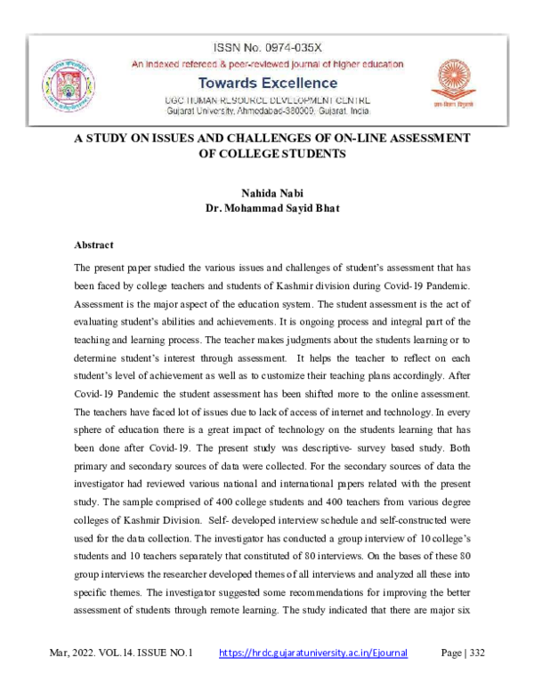 (PDF) A STUDY ON ISSUES AND CHALLENGES OF ON-LINE ASSESSMENT OF COLLEGE ...
