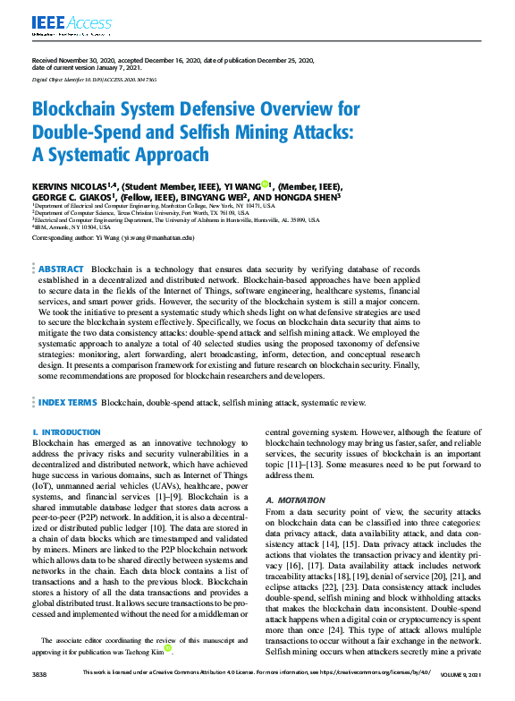 (PDF) Blockchain System Defensive Overview for Double-Spend and Selfish Mining Attacks: A ...