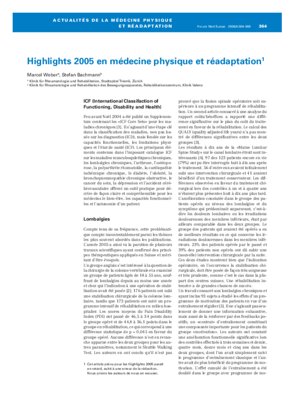 (PDF) Highlights 2005 en medecine physique et reabilitation