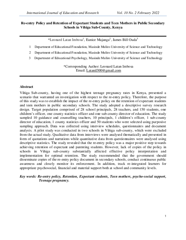 (PDF) Re-entry Policy and Retention of Expectant Students and Teen Mothers in Public Secondary ...