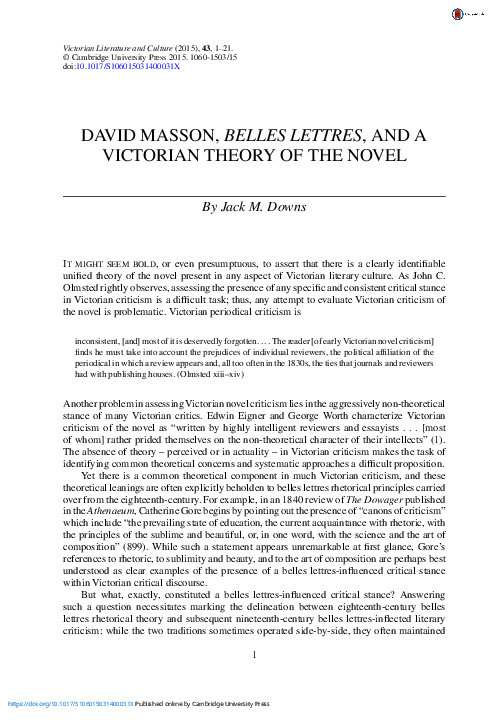 (PDF) DAVID MASSON, BELLES LETTRES, AND A VICTORIAN THEORY OF THE NOVEL
