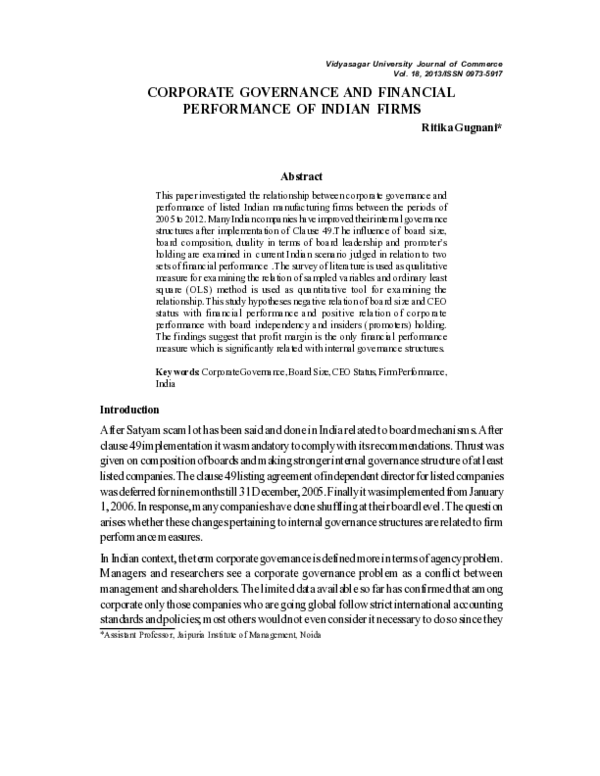 (PDF) Corporate Governance and Financial Performance of Indian Firms