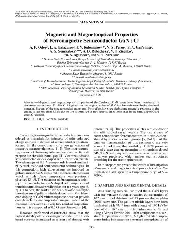 (PDF) Magnetic and magnetooptical properties of ferromagnetic semiconductor GaN : Cr