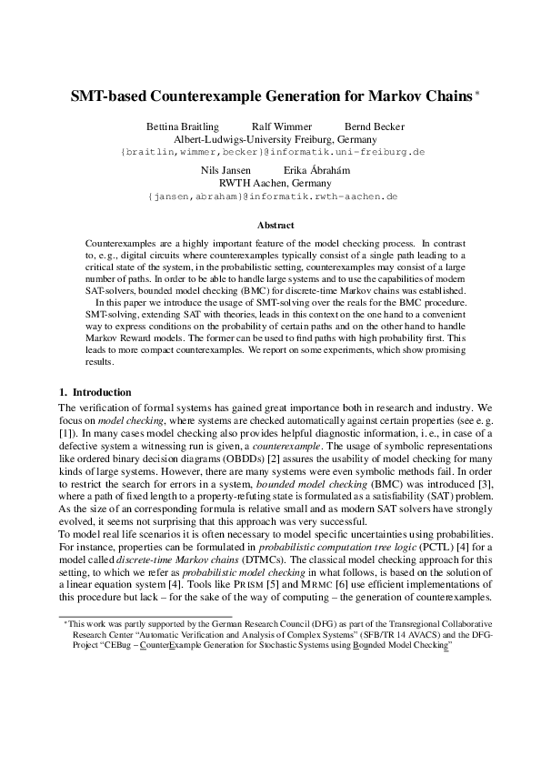 (PDF) SMT-based Counterexample Generation for Markov Chains | B. Becker - Academia.edu