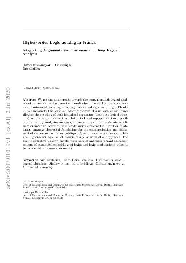(PDF) Higher-order Logic as Lingua Franca - Integrating Argumentative Discourse and Deep Logical ...