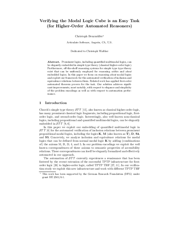 (PDF) Verifying the Modal Logic Cube Is an Easy Task (For Higher-Order Automated Reasoners ...
