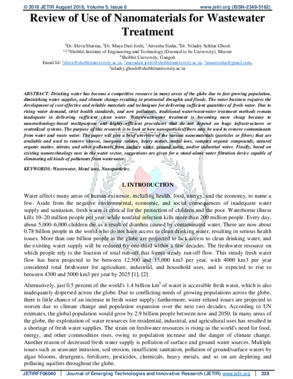 (PDF) Review of Use of Nanomaterials for Wastewater Treatment