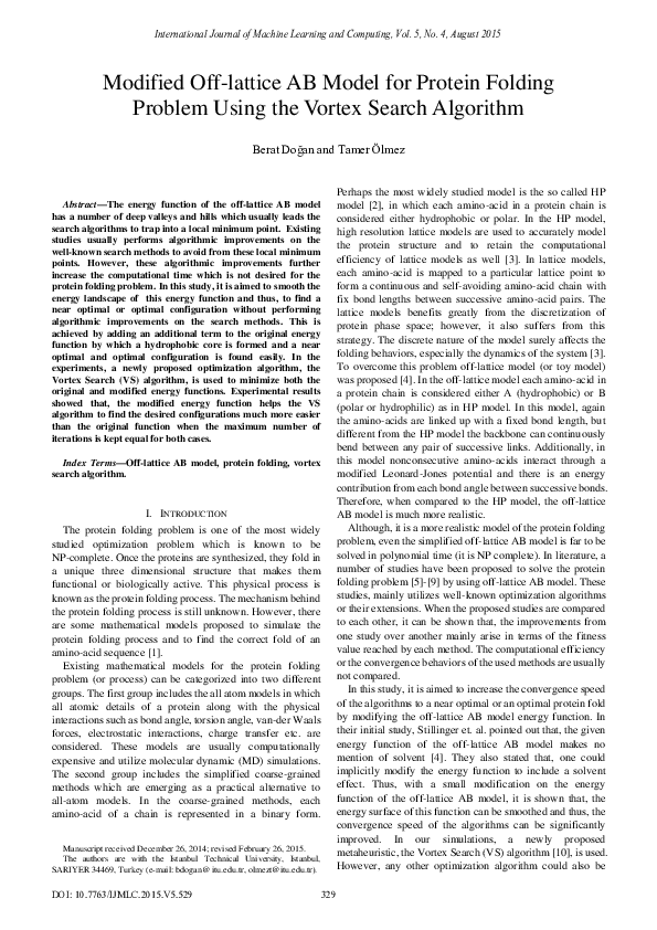 Pdf Modified Off Lattice Ab Model For Protein Folding Problem Using The Vortex Search Algorithm 1730