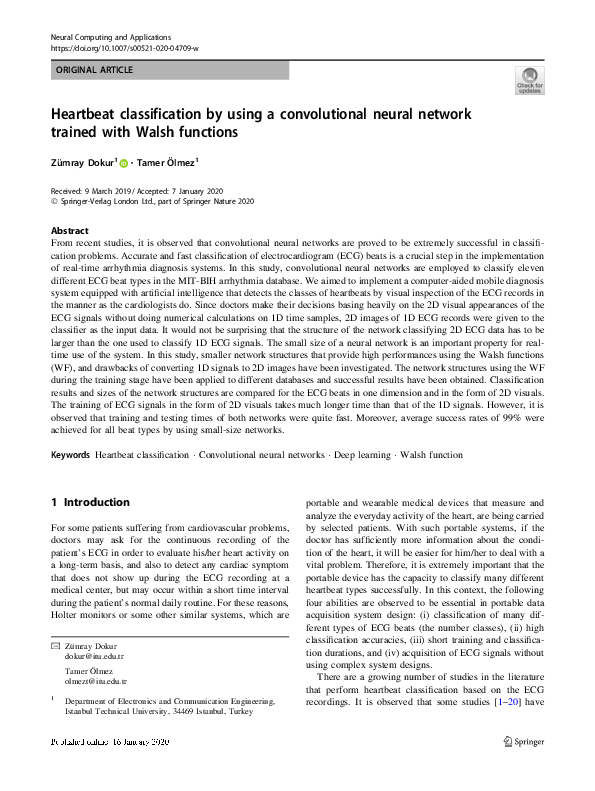 Heartbeat Classification By Using A Convolutional Neural Network Trained With Walsh Functions