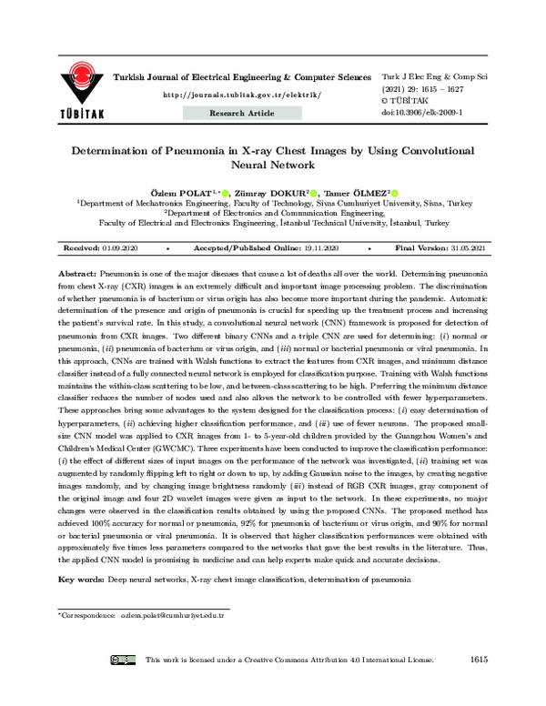 Pdf Determination Of Pneumonia In X Ray Chest Images By Using Convolutional Neural Network