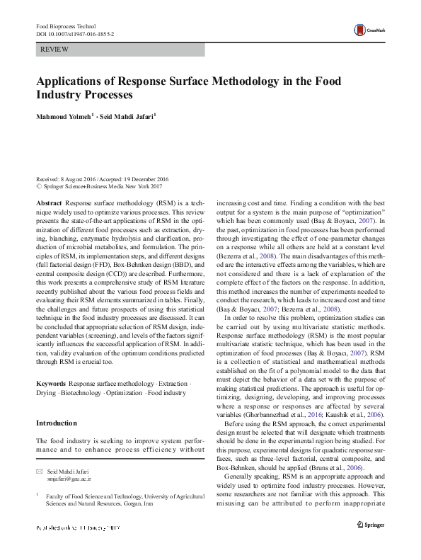 (PDF) Applications of Response Surface Methodology (RSM) in Product Design, Development, and ...
