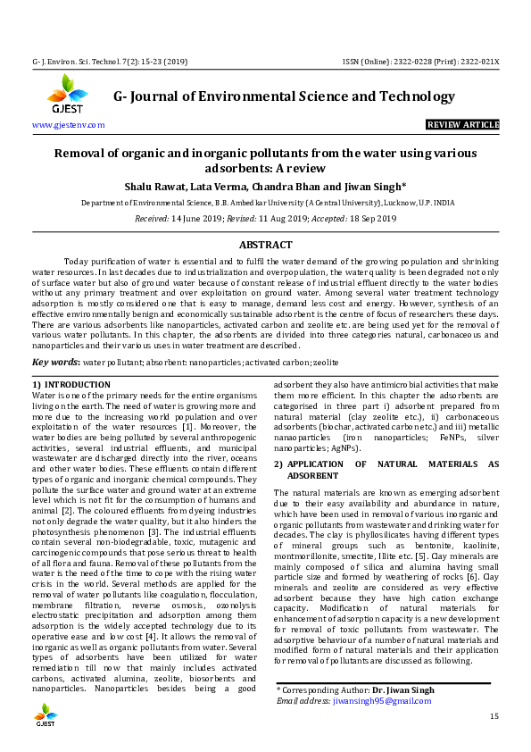 (PDF) Removal of organic and inorganic pollutants from the water using ...
