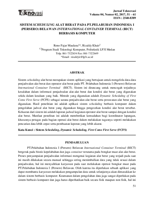 (PDF) Sistem Scheduling Alat Berat Pada PT.PELABUHAN Indonesia I (Persero) Belawan International ...