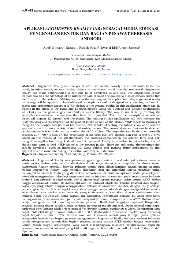 (PDF) Aplikasi Augmented Reality (Ar) Sebagai Media Edukasi Pengenalan Bentuk Dan Bagian Pesawat ...