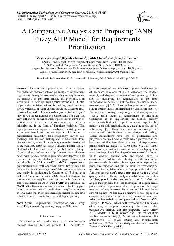 (PDF) A Comparative Analysis and Proposing ‘ANN Fuzzy AHP Model’ for Requirements Prioritization