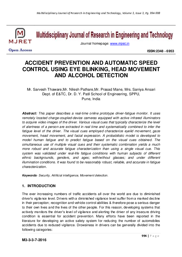 (PDF) Accident Prevention and Automatic Speed Control Using Eye Blinking, Head Movement and ...