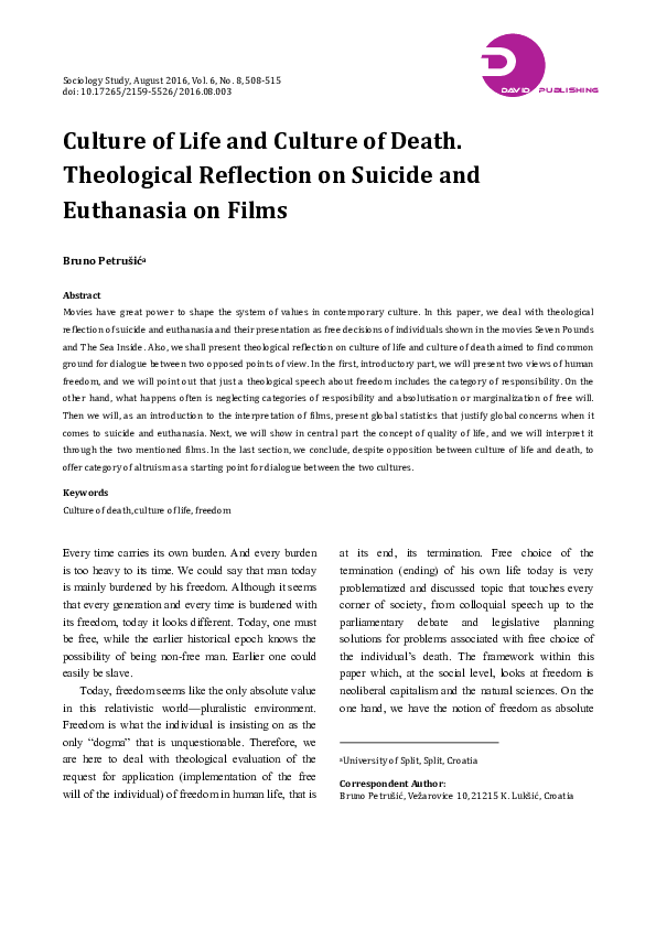 (PDF) Culture of Life and Culture of Death. Theological Reflection on ...