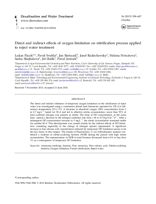 (PDF) Direct and indirect effects of oxygen limitation on nitrification process applied to ...