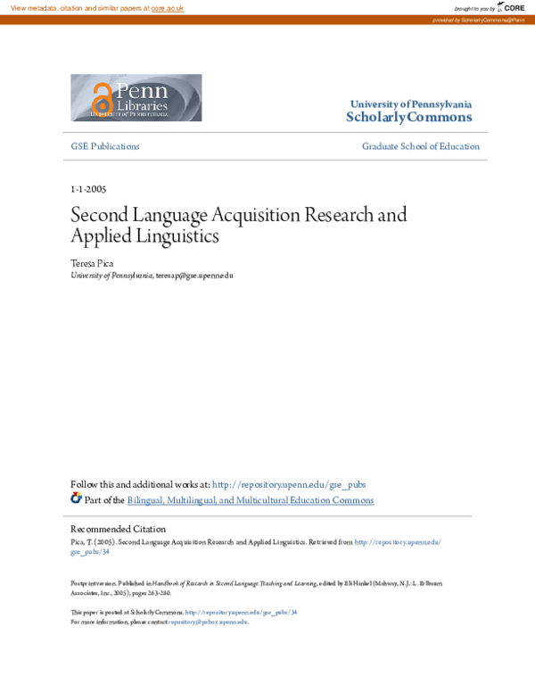 (PDF) Second Language Acquisition Research and Applied Linguistics
