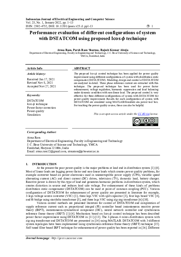 Pdf Performance Evaluation Of Different Configurations Of System With Dstatcom Using Proposed