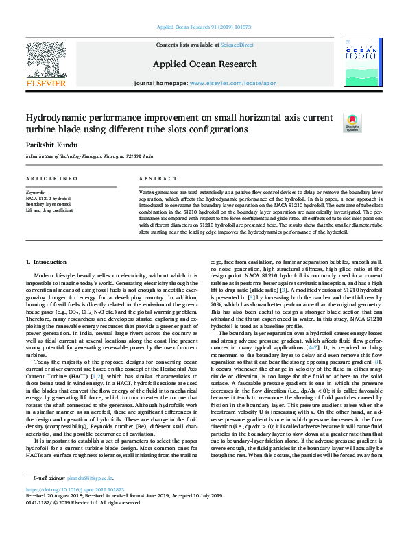 Pdf Hydrodynamic Performance Improvement On Small Horizontal Axis Current Turbine Blade Using