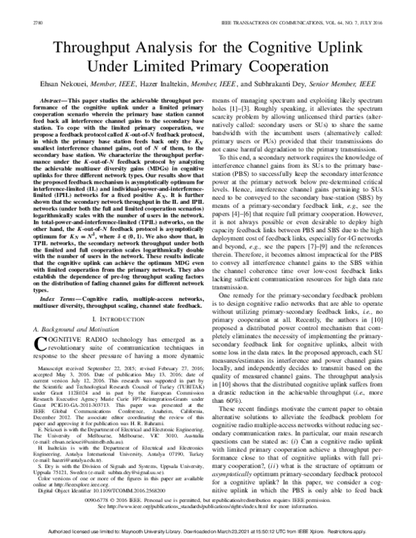 (PDF) Throughput Analysis for the Cognitive Uplink Under Limited Primary Cooperation