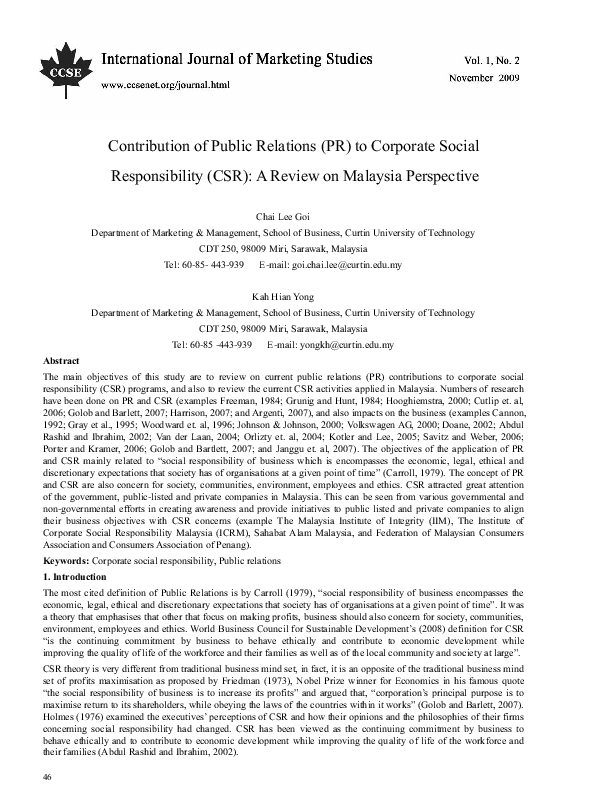 (PDF) Contribution of Public Relations (PR) to Corporate Social Responsibility (CSR): A Review ...