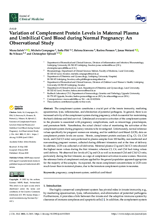 (PDF) Variation of Complement Protein Levels in Maternal Plasma and ...