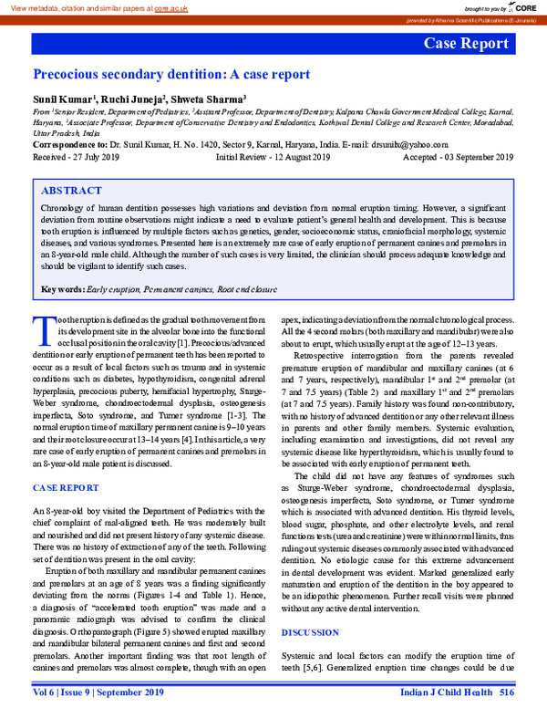 (PDF) Precocious Secondary Dentition: A Case Report