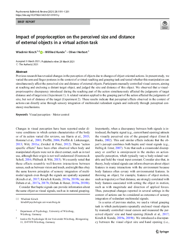 (PDF) Impact of proprioception on the perceived size and distance of external objects in a ...