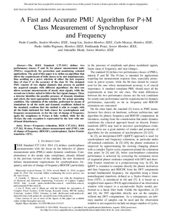 (PDF) A Fast and Accurate PMU Algorithm for P+M Class Measurement of Synchrophasor and Frequency