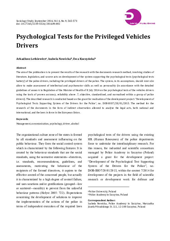 (PDF) Psychological Tests for the Privileged Vehicles Drivers