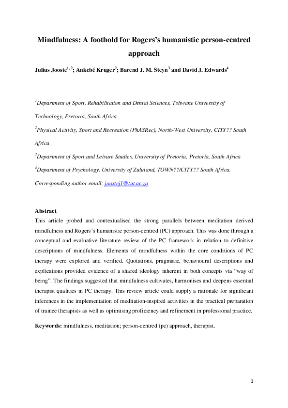 (PDF) Mindfulness: A foothold for Rogers's humanistic person-centred ...