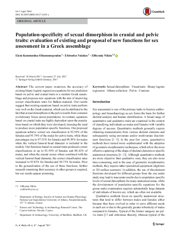 Pdf Population Specificity Of Sexual Dimorphism In Cranial And Pelvic