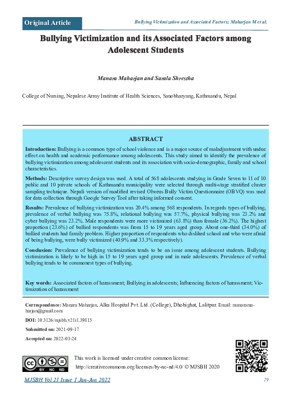 (PDF) Bullying Victimization and its Associated Factors among ...