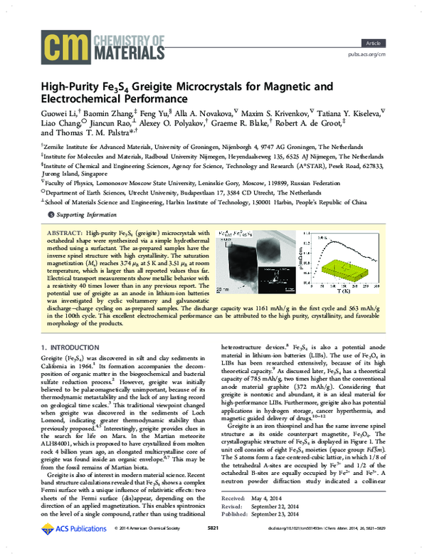(PDF) High-Purity Fe3S4 Greigite Microcrystals for Magnetic and ...