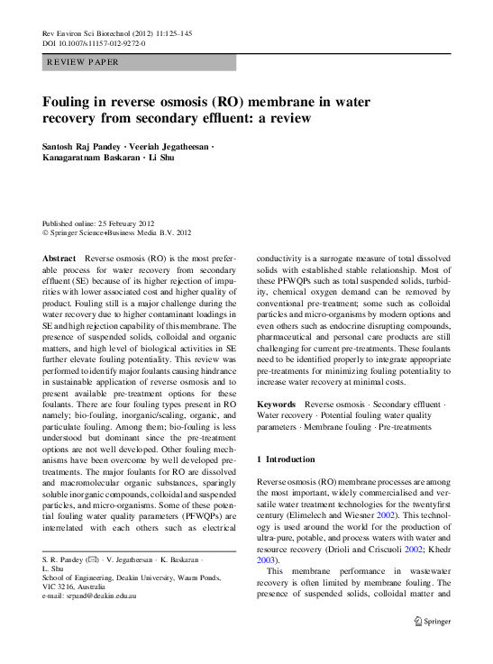 (PDF) Fouling in reverse osmosis (RO) membrane in water recovery from secondary effluent: a review