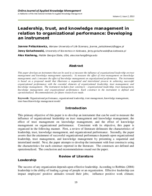 (PDF) Leadership, Trust and Knowledge Management in Relation To Organizational Performance ...
