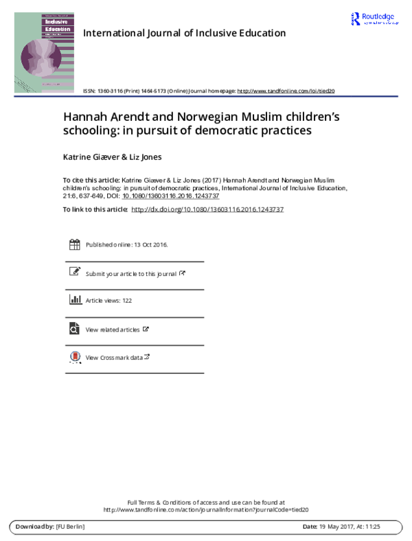 (PDF) Hannah Arendt and Norwegian Muslim children’s schooling: in ...