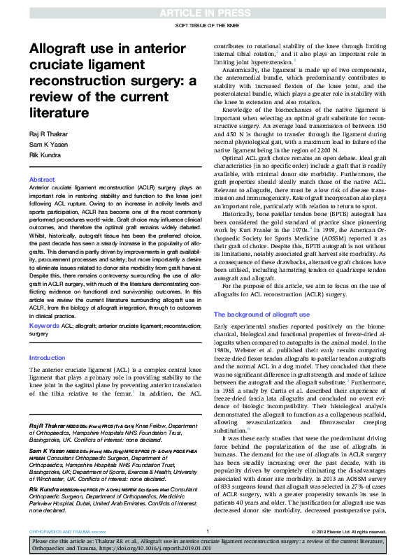 (PDF) Allograft use in anterior cruciate ligament reconstruction ...