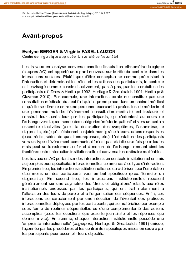 (PDF) Avant-propos [de : Pratiques interactionnelles en contexte institutionnel]