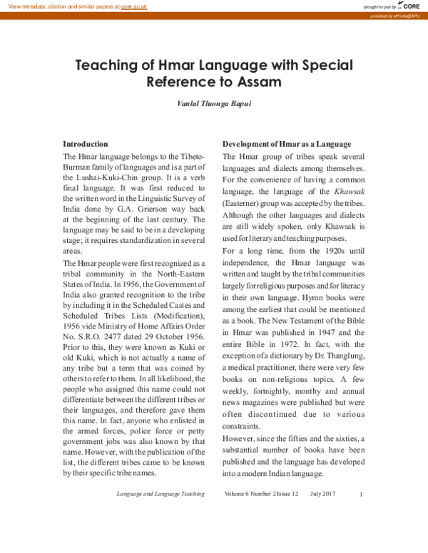 (PDF) Teaching of Hmar language with special reference to Assam