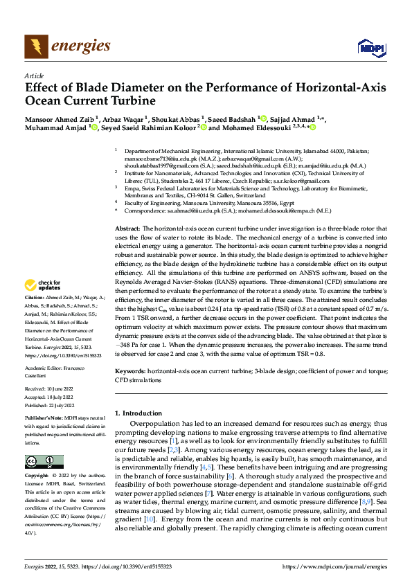 Pdf Effect Of Blade Diameter On The Performance Of Horizontal Axis Ocean Current Turbine